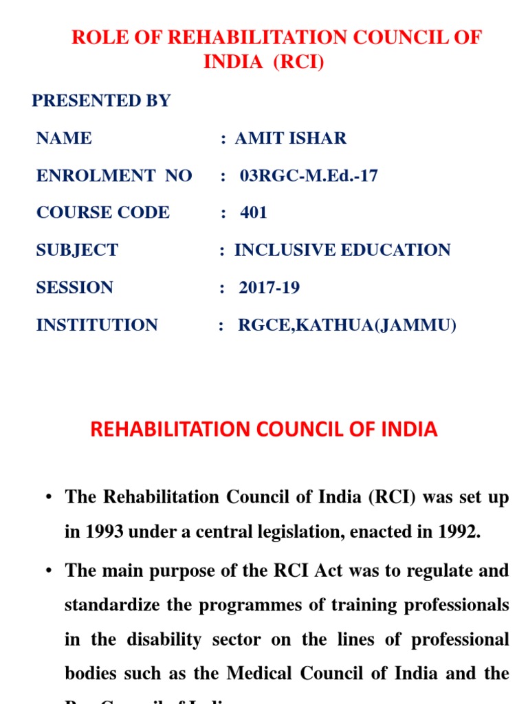 Role of Rehabilitation Council of India (Rci) | PDF | Diploma | Disability