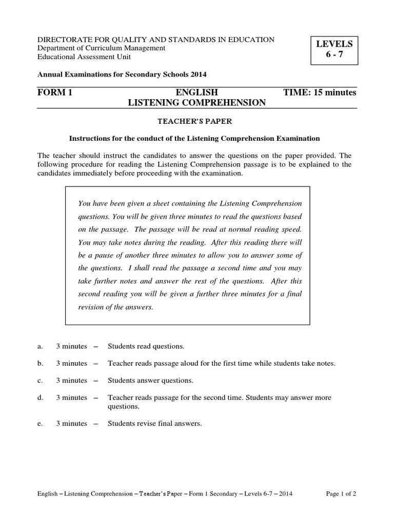 Sample Listening and Reading Comprehension | PDF | Reading ...