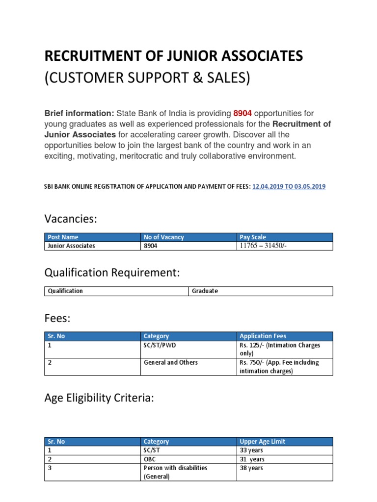 SBI Junior Associate Recruitment 2019 | PDF | Business