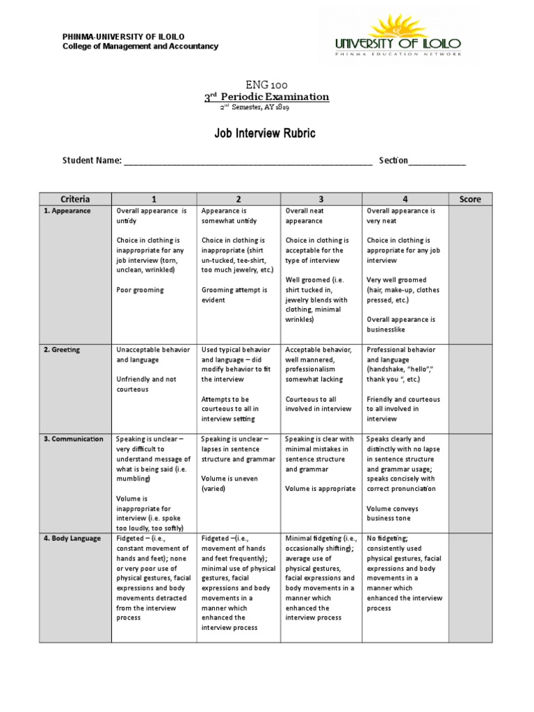 Interview Rubric | PDF | Body Language | Behavioural Sciences