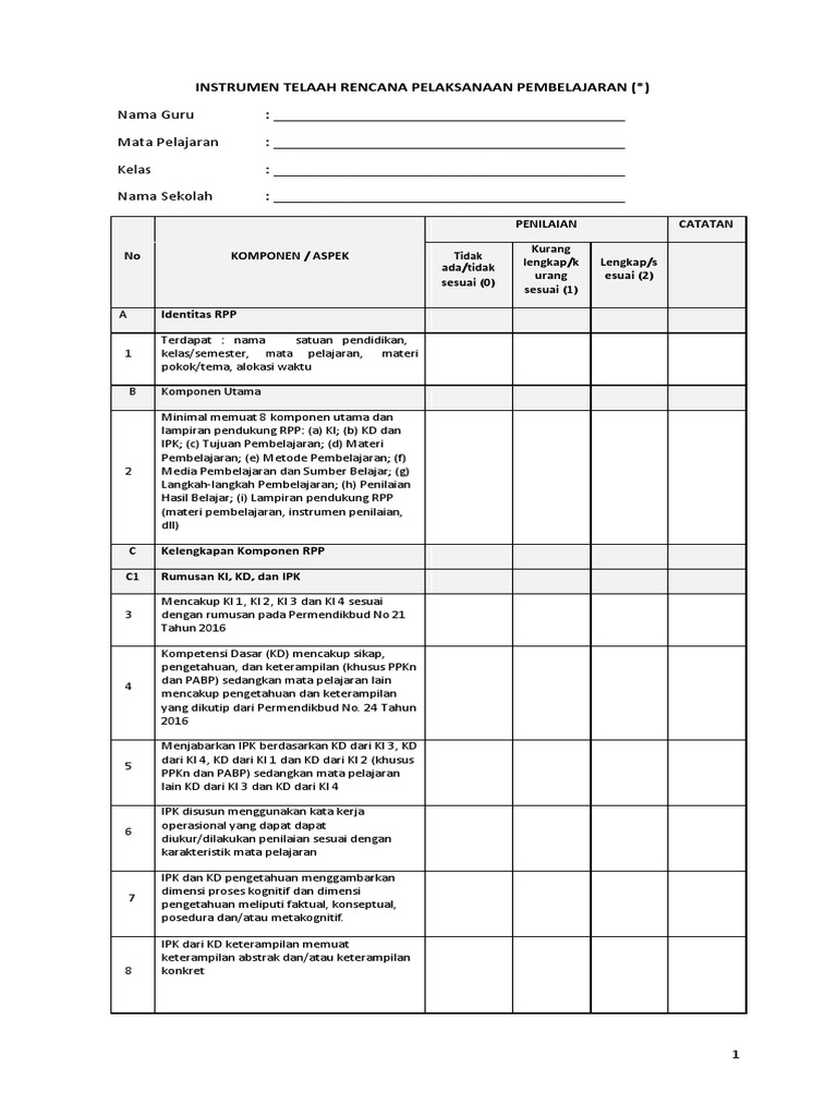 Instrumen Telaah RPP | PDF
