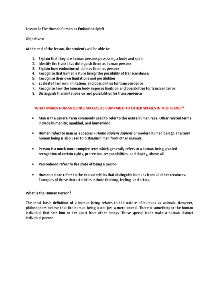 Lesson 3 - The Human Person As Embodied Spirit | PDF | Embodied ...