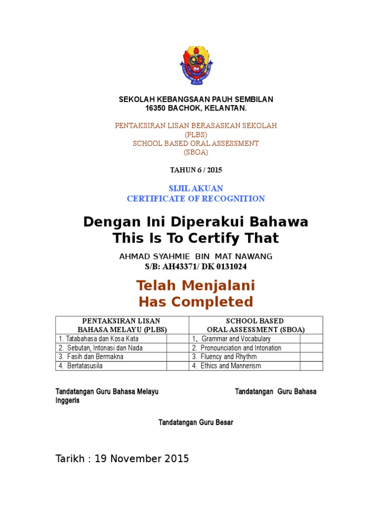 Sijil Lisan BM Bi | PDF