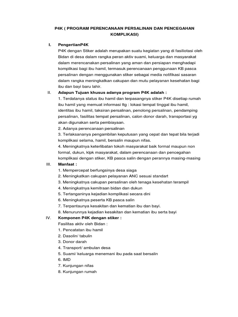 P4K (Program Perencanaan Persalinan Dan Pencegahan Komplikasi) | PDF