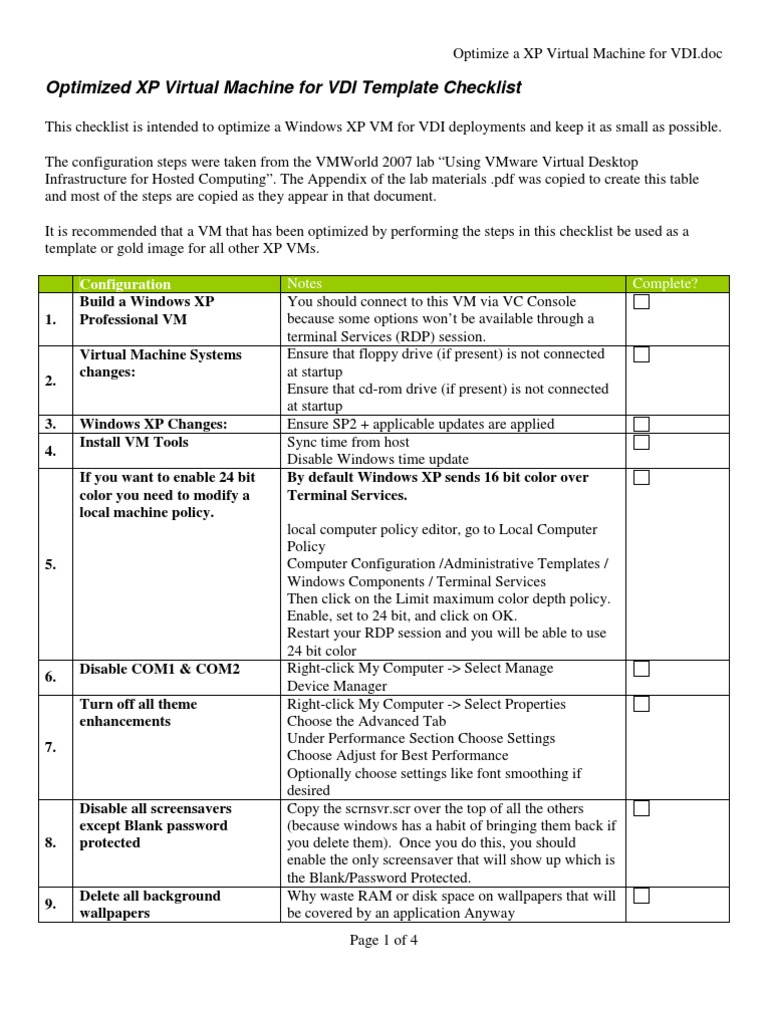Optimized XP Virtual Machine For VDI Template Checklist | PDF | Windows ...