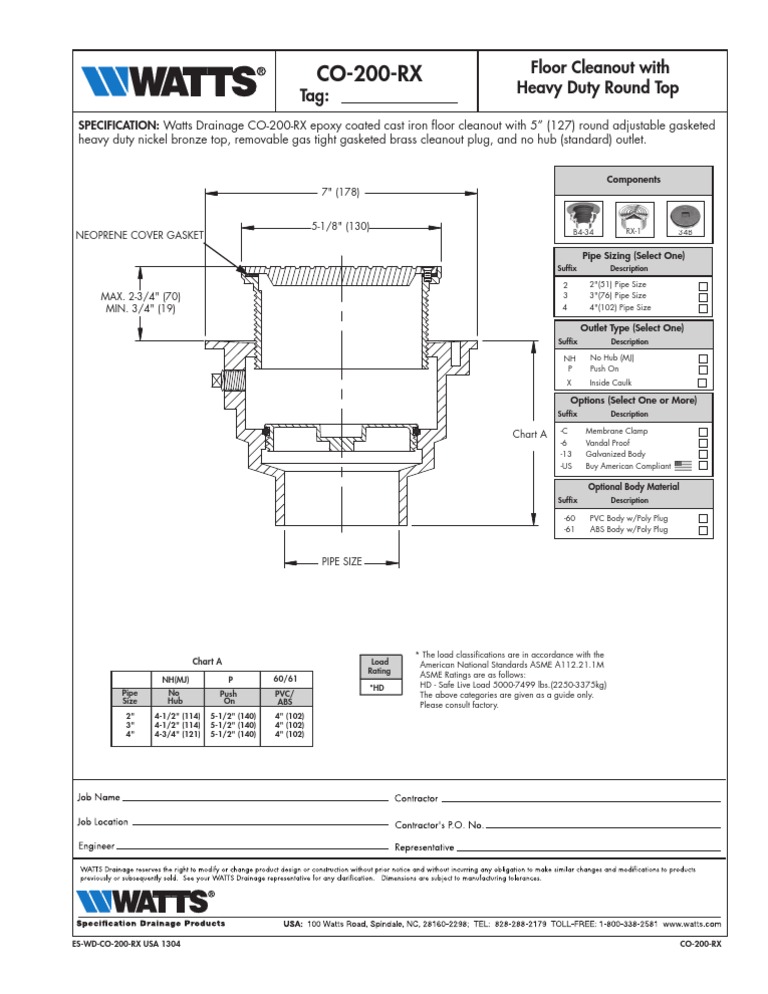 Watts CO-200-RX Floor Cleanout Specs | PDF