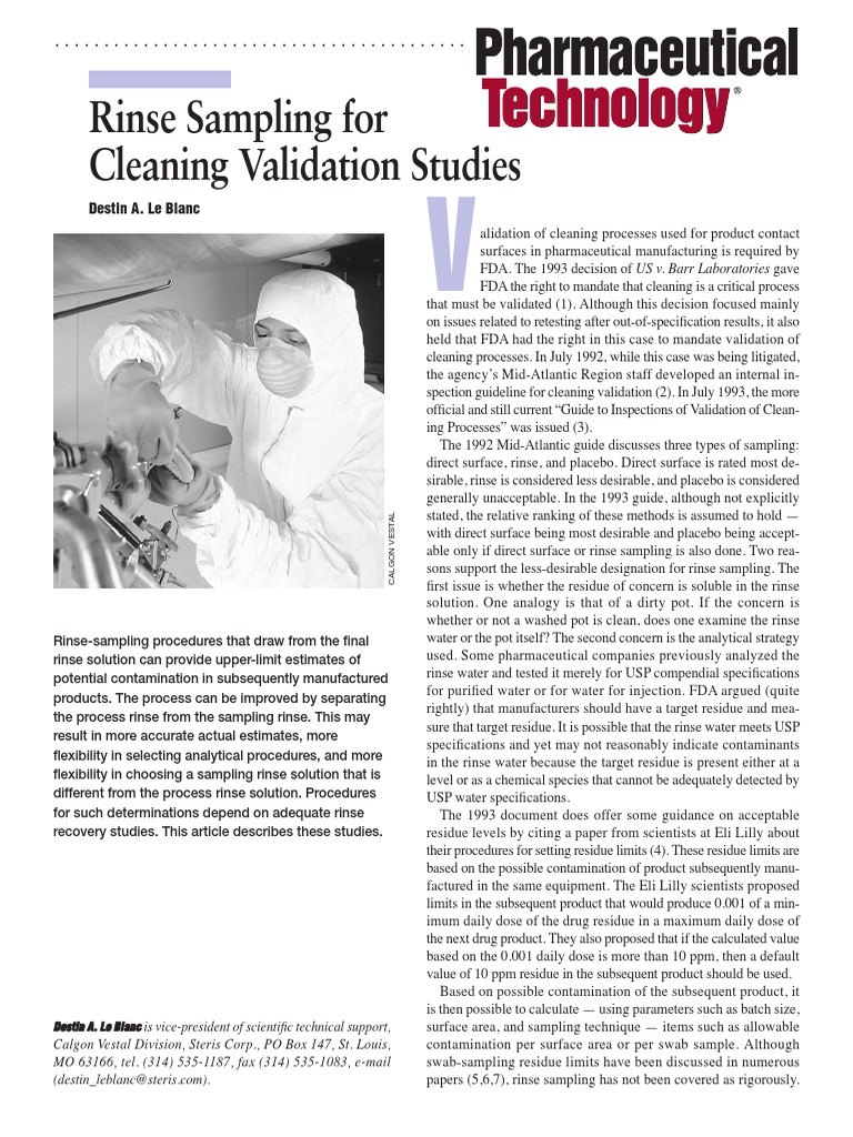 Rinse Sampling For Cleaning Validation Studies: Destin A. Le Blanc ...