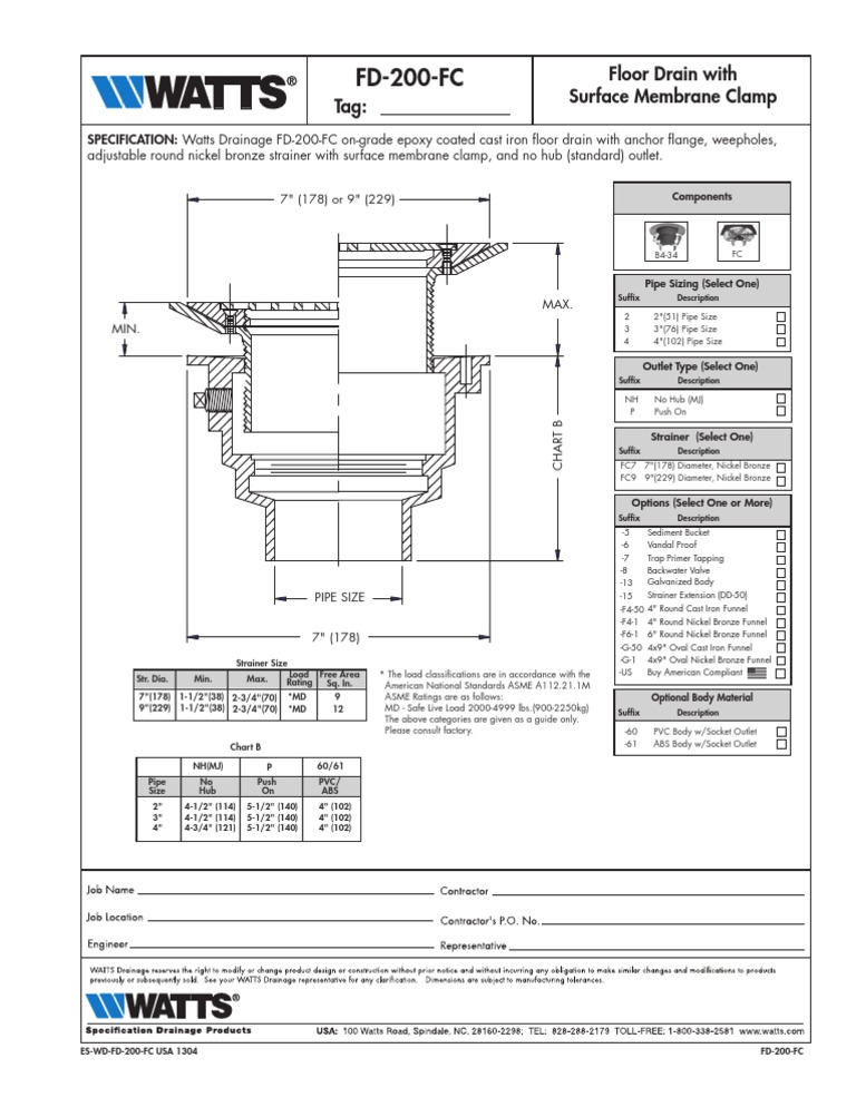 Watts FD-200-FC Floor Drain Specs | PDF