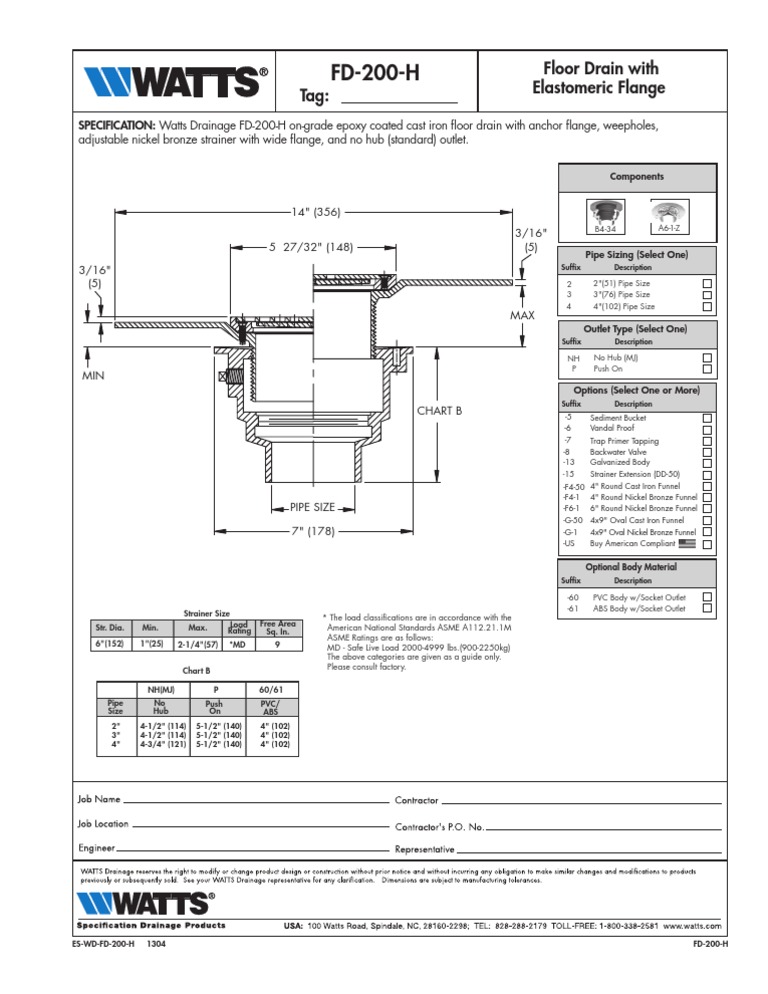Watts FD-200-H Floor Drain Specs | PDF | Home & Garden | Computers