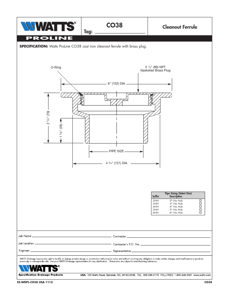 Watts ProLine CO38 Cleanout Ferrule | PDF