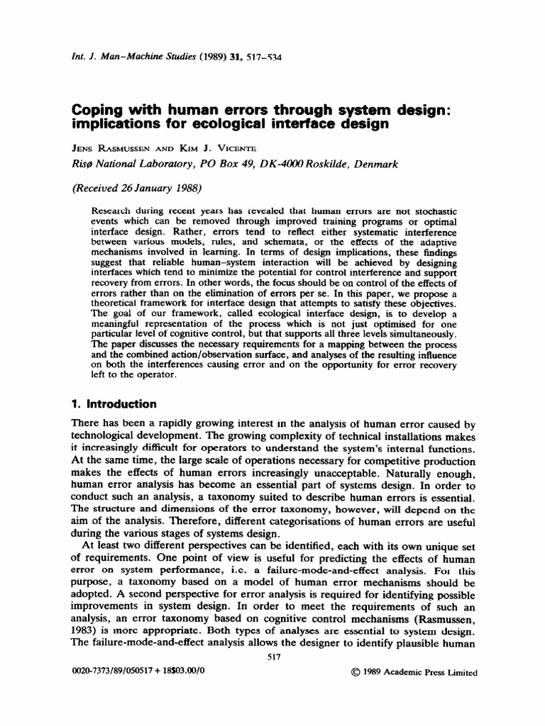 Rasmussen Vicente Human Errors EID PDF | PDF | Conceptual Model | Perception