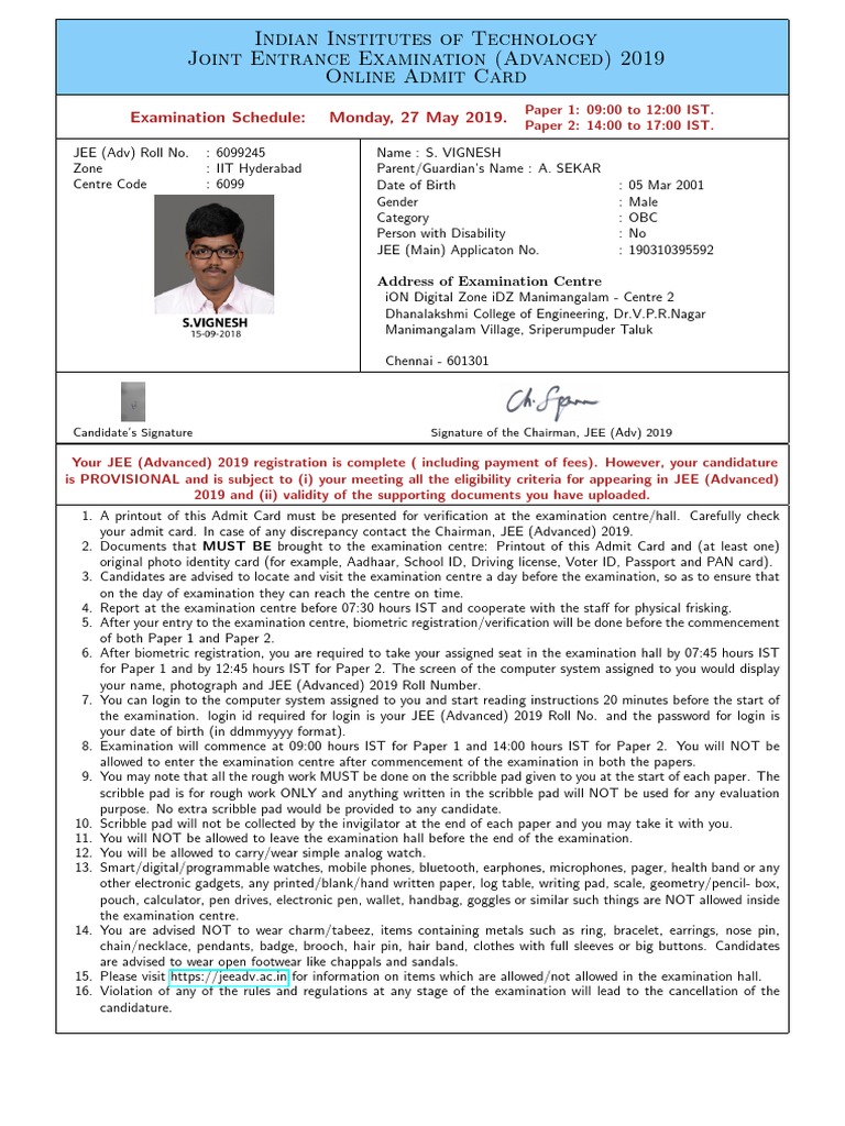 Admit Card JEE Adv | Download Free PDF | Identity Document | Government ...