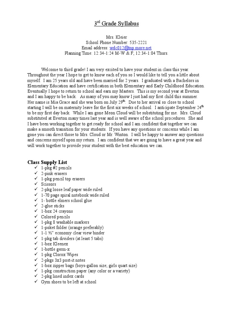 3 Grade Syllabus: Class Supply List | PDF | Homework