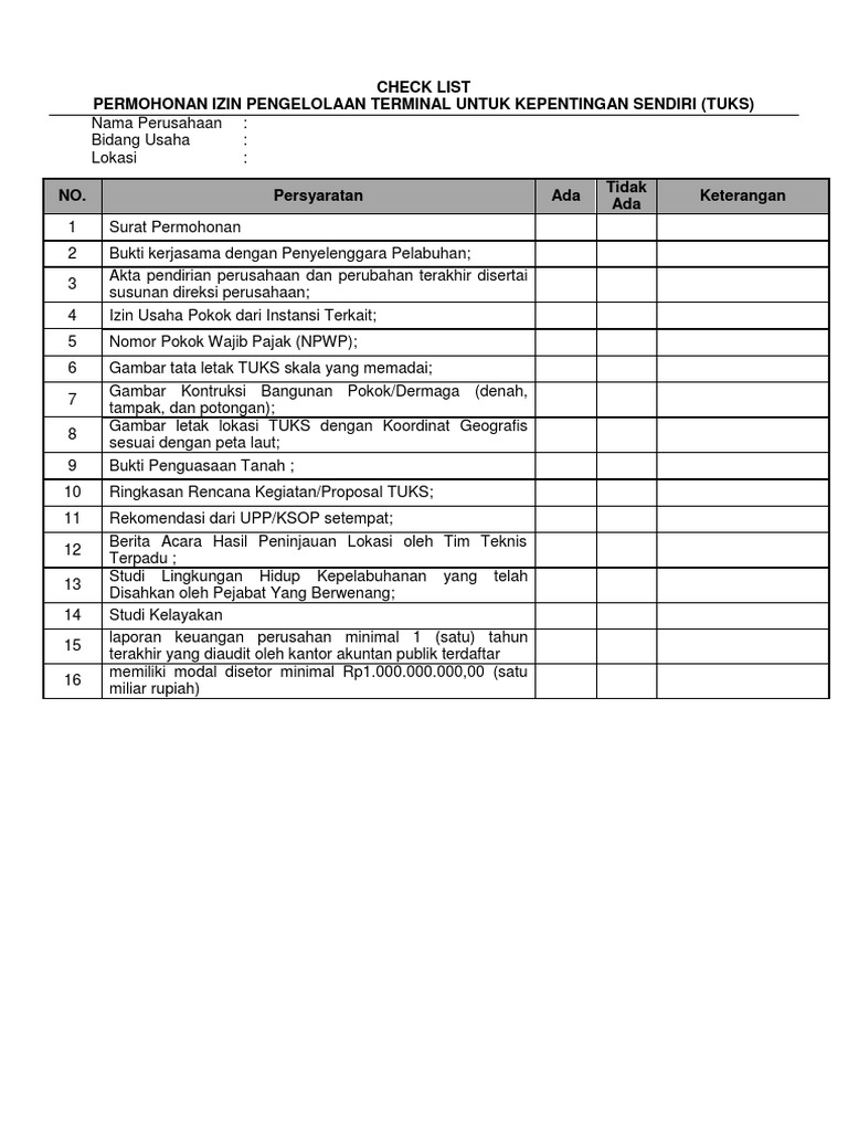 Cek List Tuks | PDF