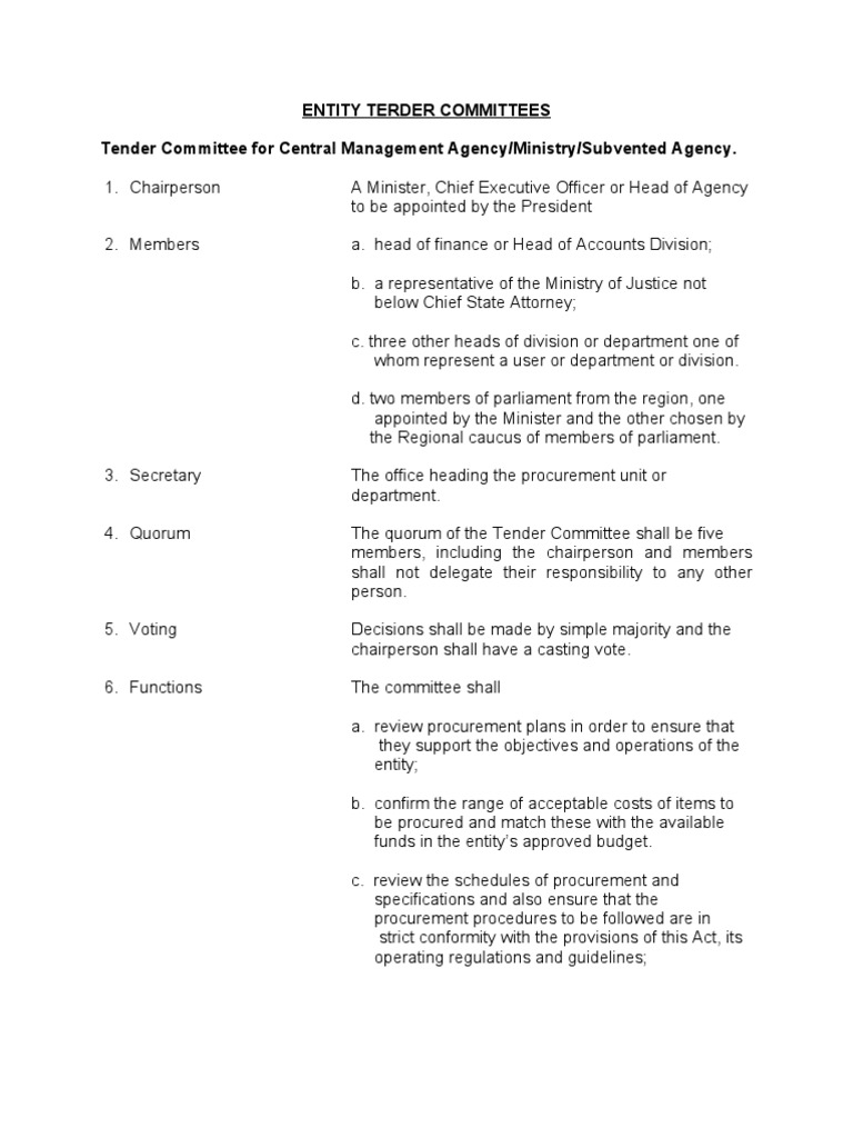 Entity Terder Committees Tender Committee For Central Management Agency ...