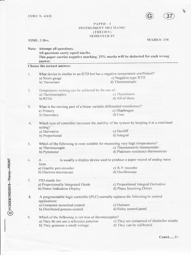 Sem IV July 2015 Instrument Mechanic | PDF | Network Topology | Volt