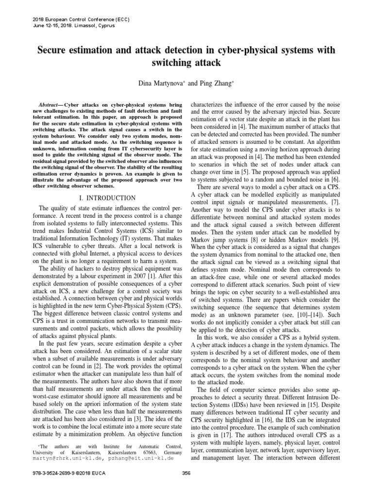 Secure Estimation And Attack Detection In Cyber Physical Systems With Switching Attack Pdf