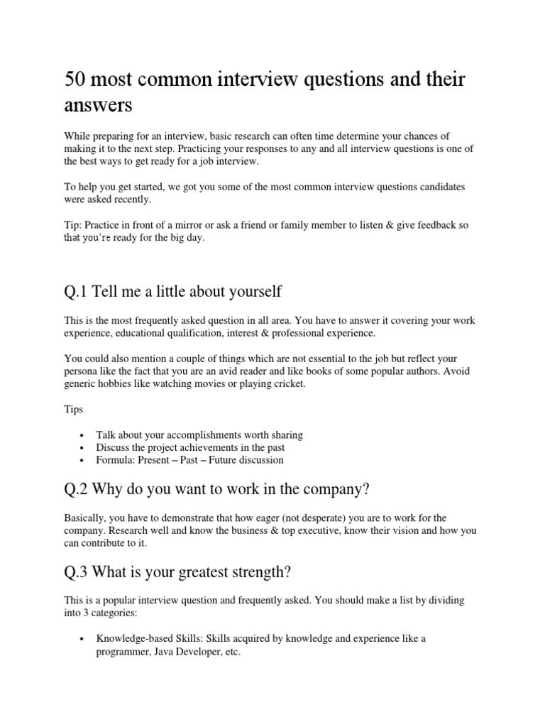 50 Most Common Interview Questions and Their Answers: Q.1 Tell Me A ...