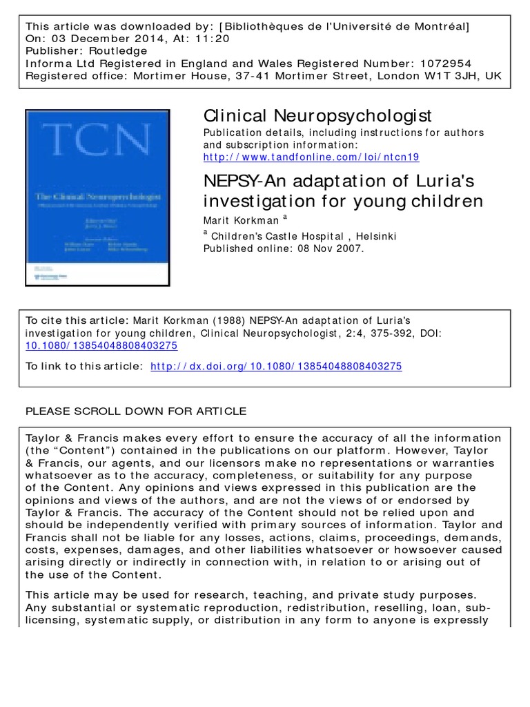 NEPSY - An Adaptation of Luria's Neuropsychological Investigation for ...