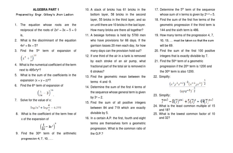 Algebra Part 1 Prepared By: Engr. Gilbey's Jhon Ladion | PDF ...