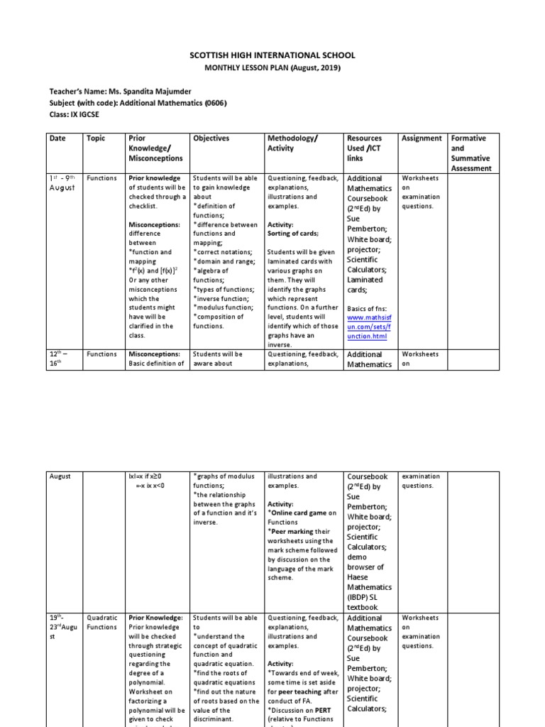 Lesson Plan IX IGCSE Additional Maths - Aug 2019 | PDF | Quadratic ...