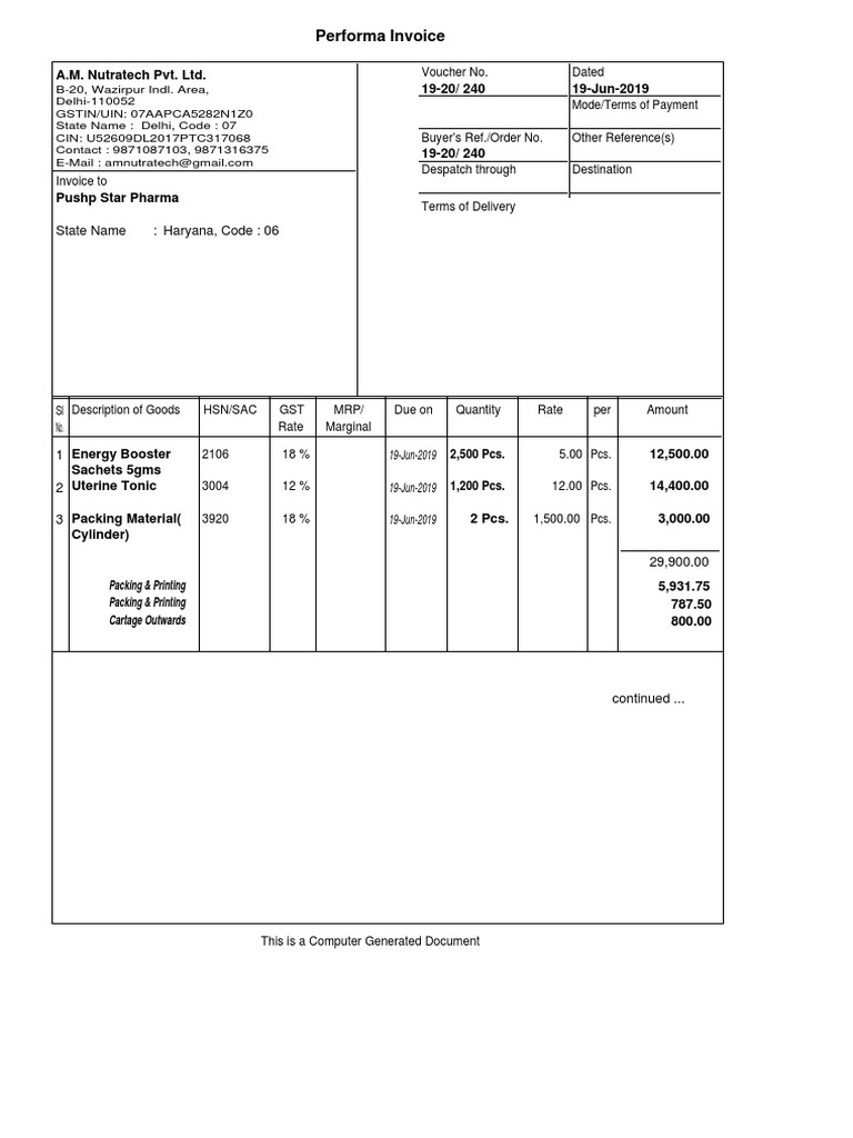Performa Invoice: State Name: Haryana, Code: 06 | PDF | Invoice | Business