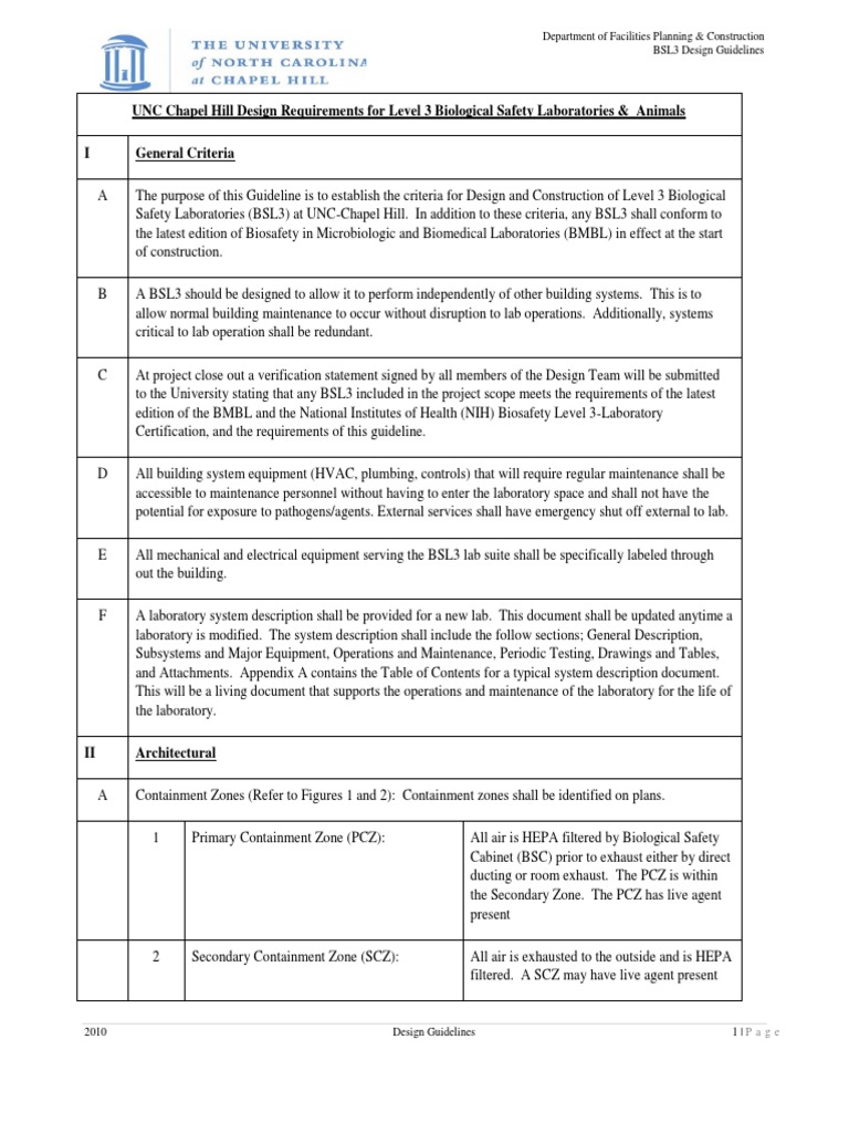 UNC Chapel Hill Design Requirements For Level 3 Biological Safety ...