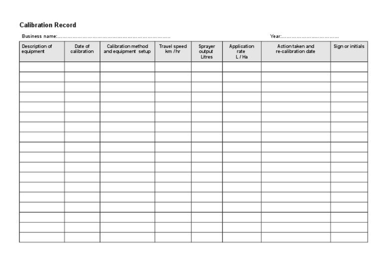 Calibration Record: Equipment Details, Dates, Methods and Adjustments ...