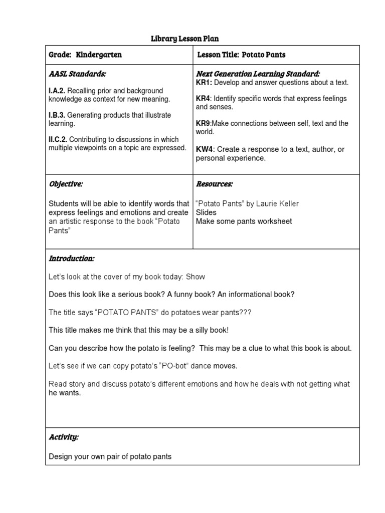 Library Lesson Plan Week of March 11 Kindergarten Potato Pants Emotions ...