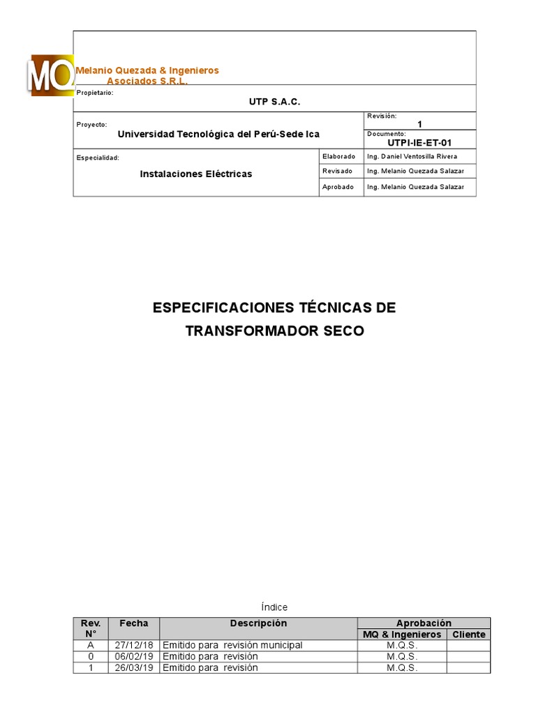 Especificaciones Técnicas de Transformador Seco | PDF | Transformador | Electricidad