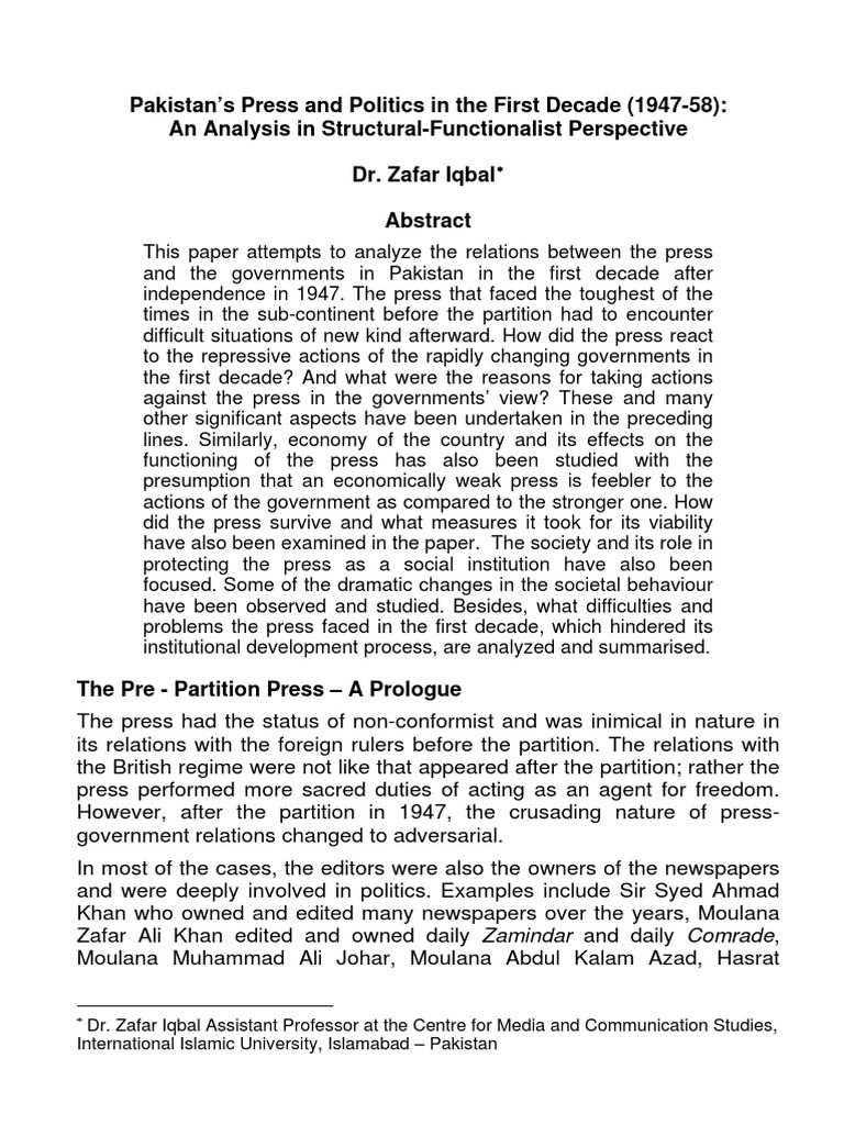 Press in The First Decade PDF | PDF | Pakistan Movement | Muhammad Ali ...