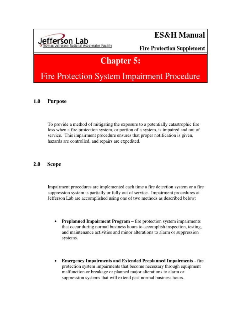 Fire Protection System Impairment Procedure: ES&H Manual | PDF | Fires ...