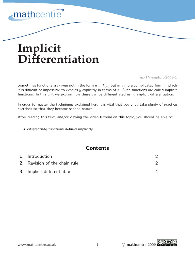 2 2. Revision of The Chain Rule 2 3. Implicit Differentiation 4 | PDF ...
