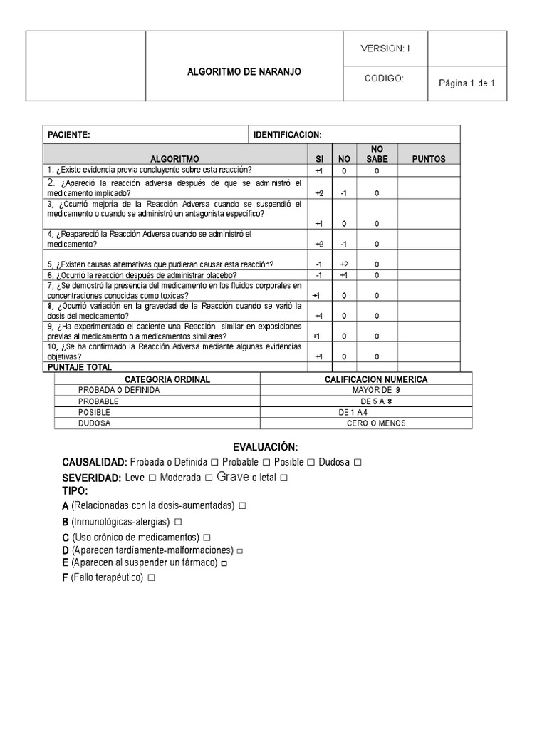 Algoritmo de Naranjo | PDF | Medicamentos con receta | Medicina CLINICA