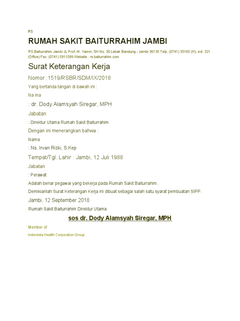 Surat Kerja Ns. Irvan Rizki di RS Baiturrahim | PDF | Bisnis | Kesehatan Holistik