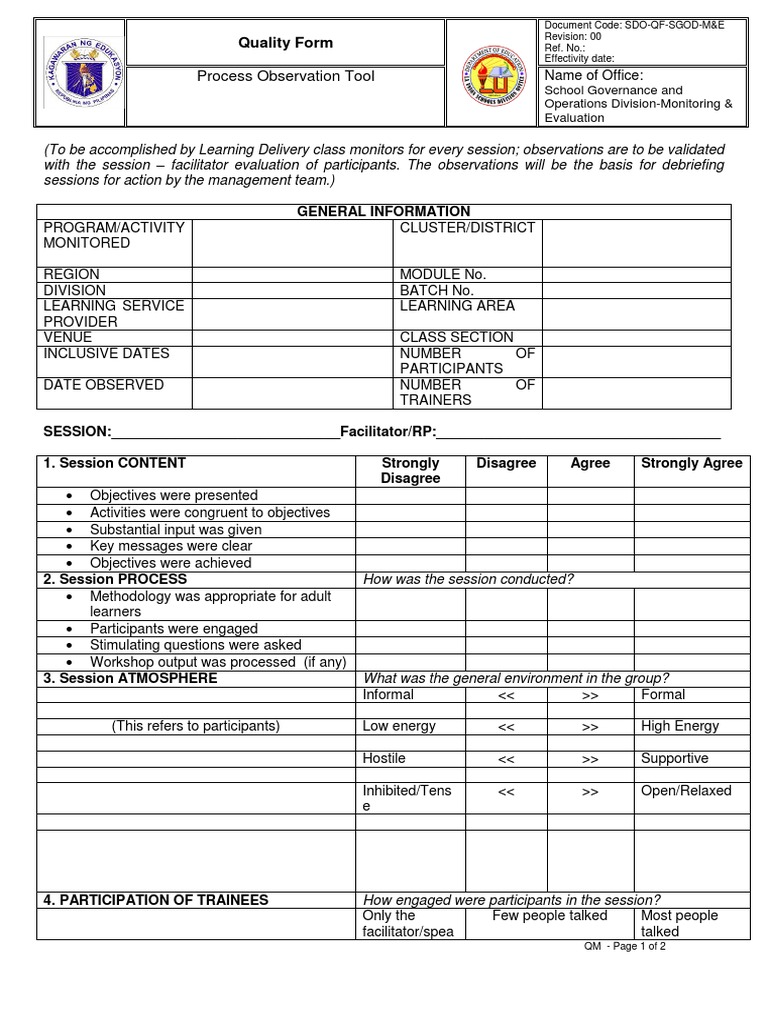 Process Observation Tool: Quality Form | PDF | Learning ...