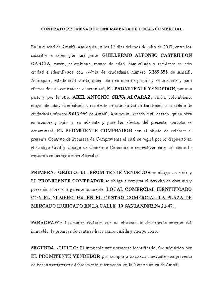 Promesa de Compraventa Local Comercial | PDF | Derecho privado ...