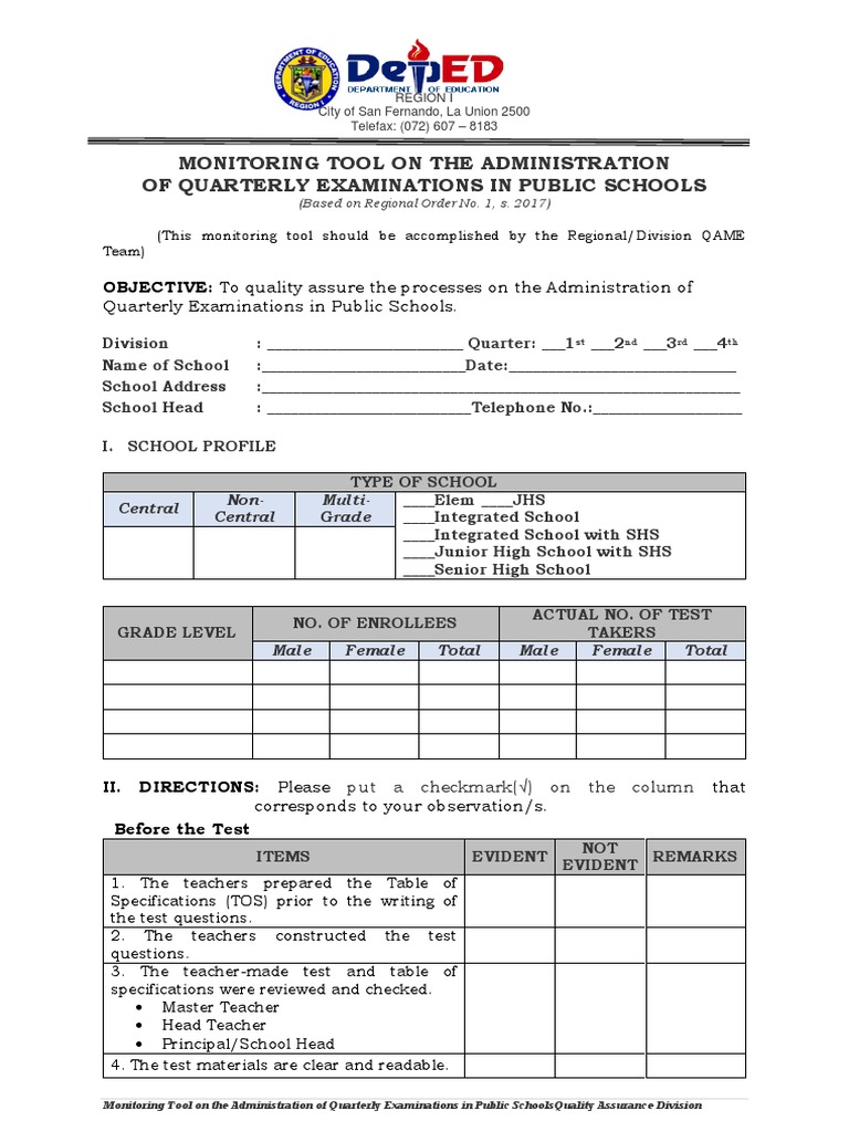 Monitoring Tool of Administration of Quarterly Exam For Public School ...