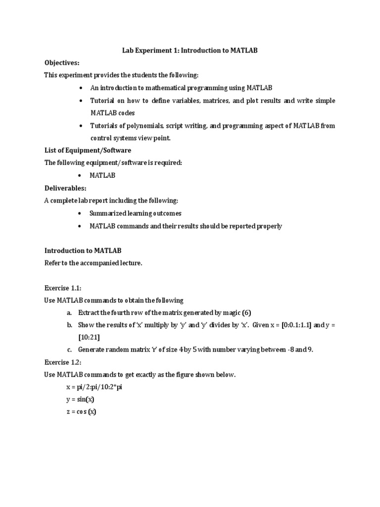 Lab Experiment 1: Introduction To MATLAB Objectives | PDF | Matlab | Pi