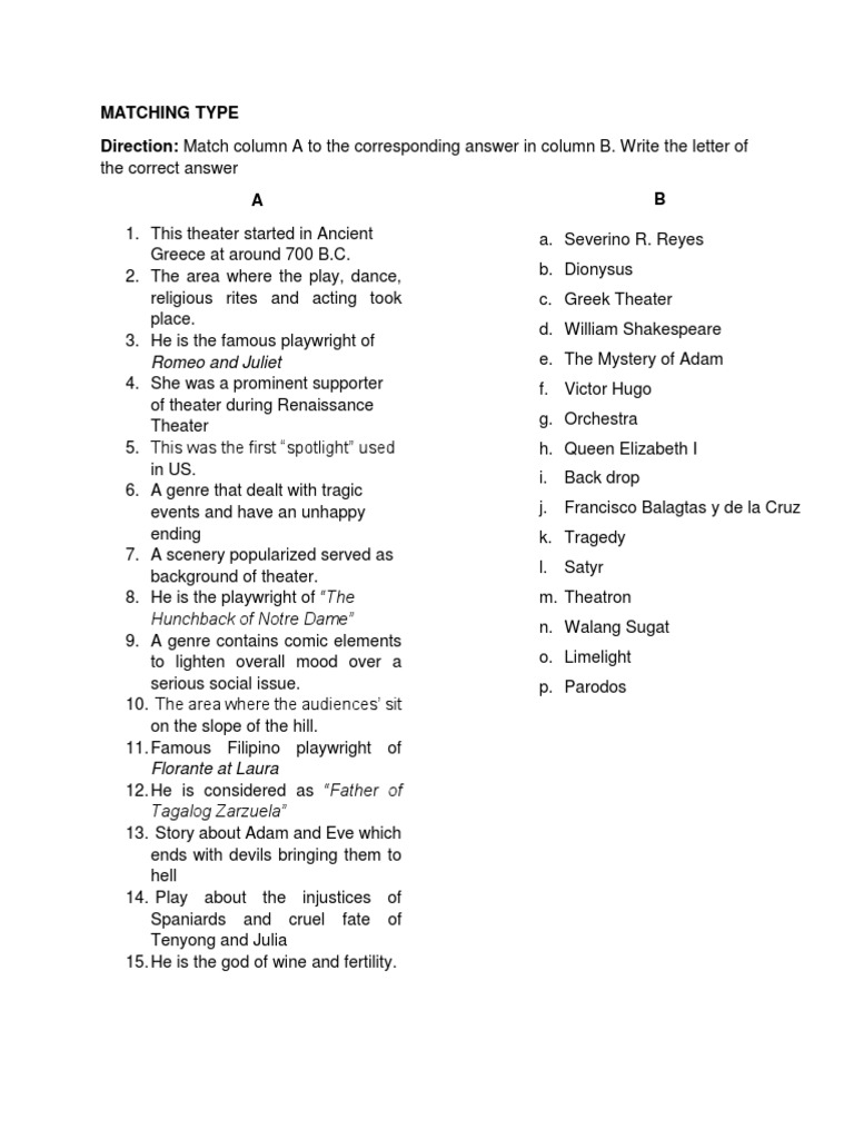 Matching Type Direction: Match Column A To The Corresponding Answer in ...