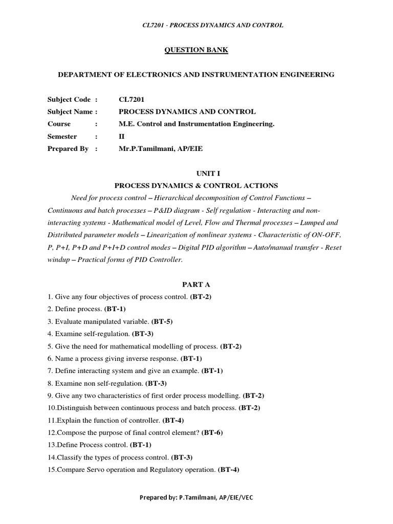 CL7201-Process Dynamics and Control | PDF | Control Theory | Physics