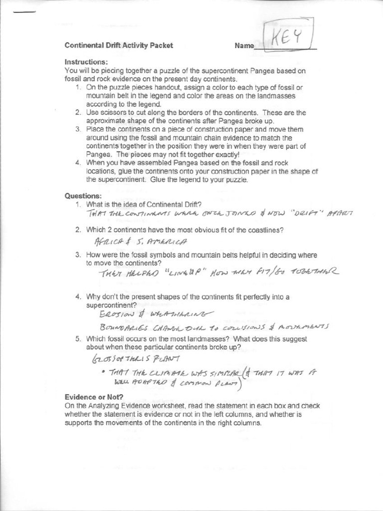 Continental Drift Activity - Answer Solutions 1 PDF | PDF