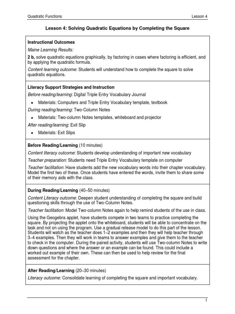 Quadratic Equations: Completing Square | PDF | Literacy | Vocabulary