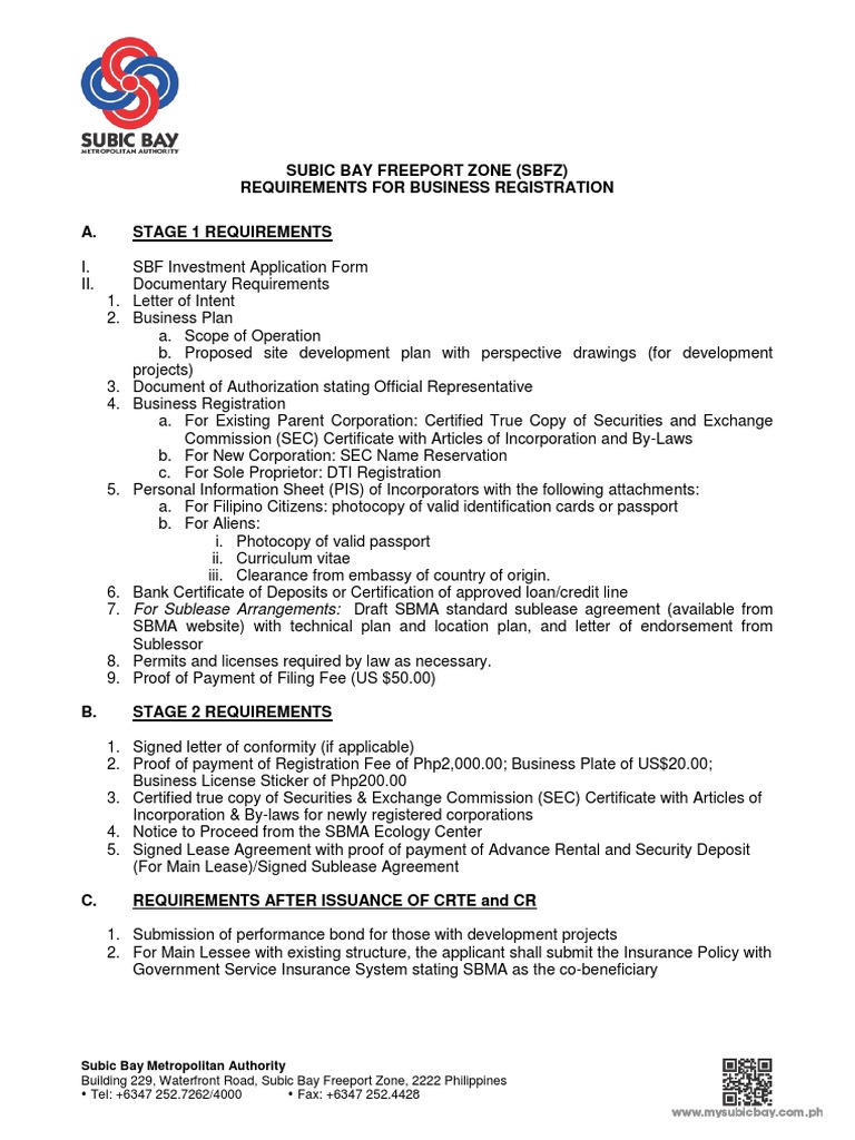 Subic Bay Freeport Zone (SBFZ) Requirements For Business Registration ...