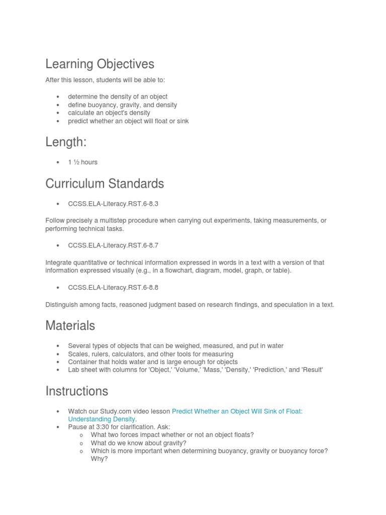 Learning Objectives: Predict Whether An Object Will Sink of Float ...