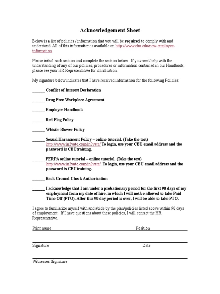 Acknowledgement Sheet | PDF | Labor | Employment