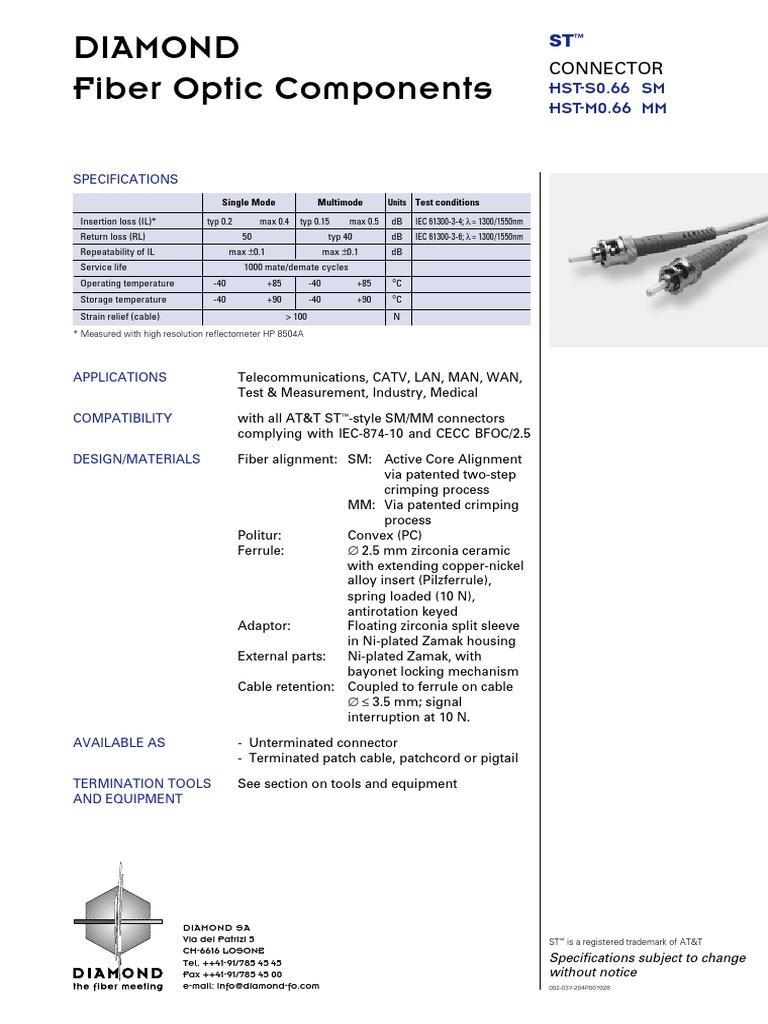 Diamond Fiber Optic Components: HST-S0.66 SM HST-M0.66 MM | PDF ...