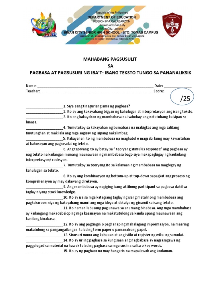 1st Quiz in Pagbasa at Pagsusuri | PDF