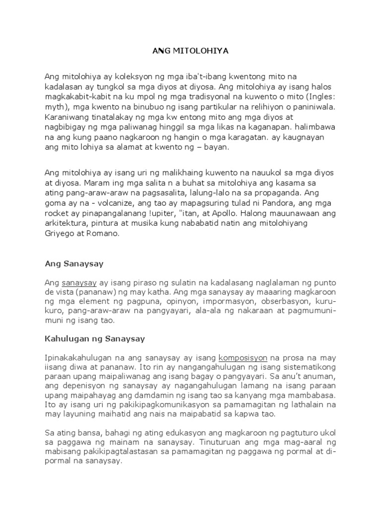 Mitolohiya, Sanaysay, Parabula, Maikling Kwento