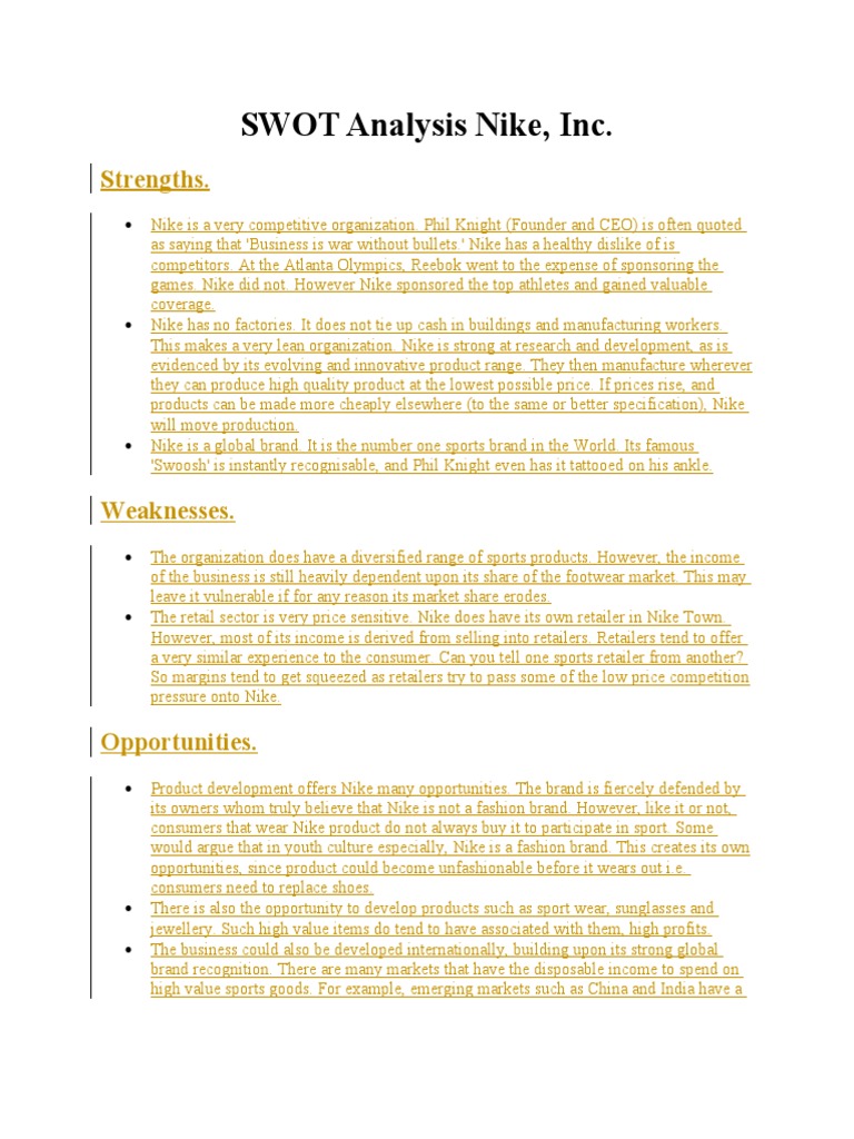SWOT Analysis Nike, Inc.: Strengths | PDF | Nike | Brand